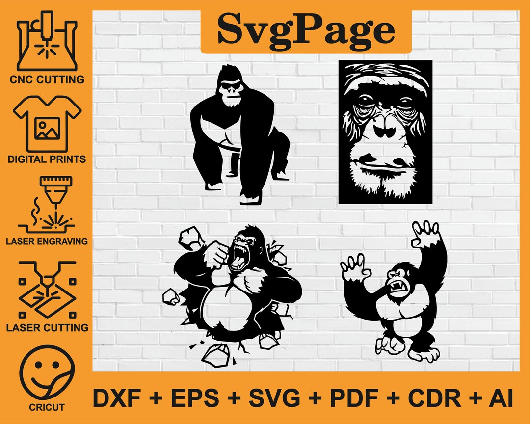 Gorilla Laser Cut Svg Dxf Files Wall Art Sticker Glowforge Engraving ...