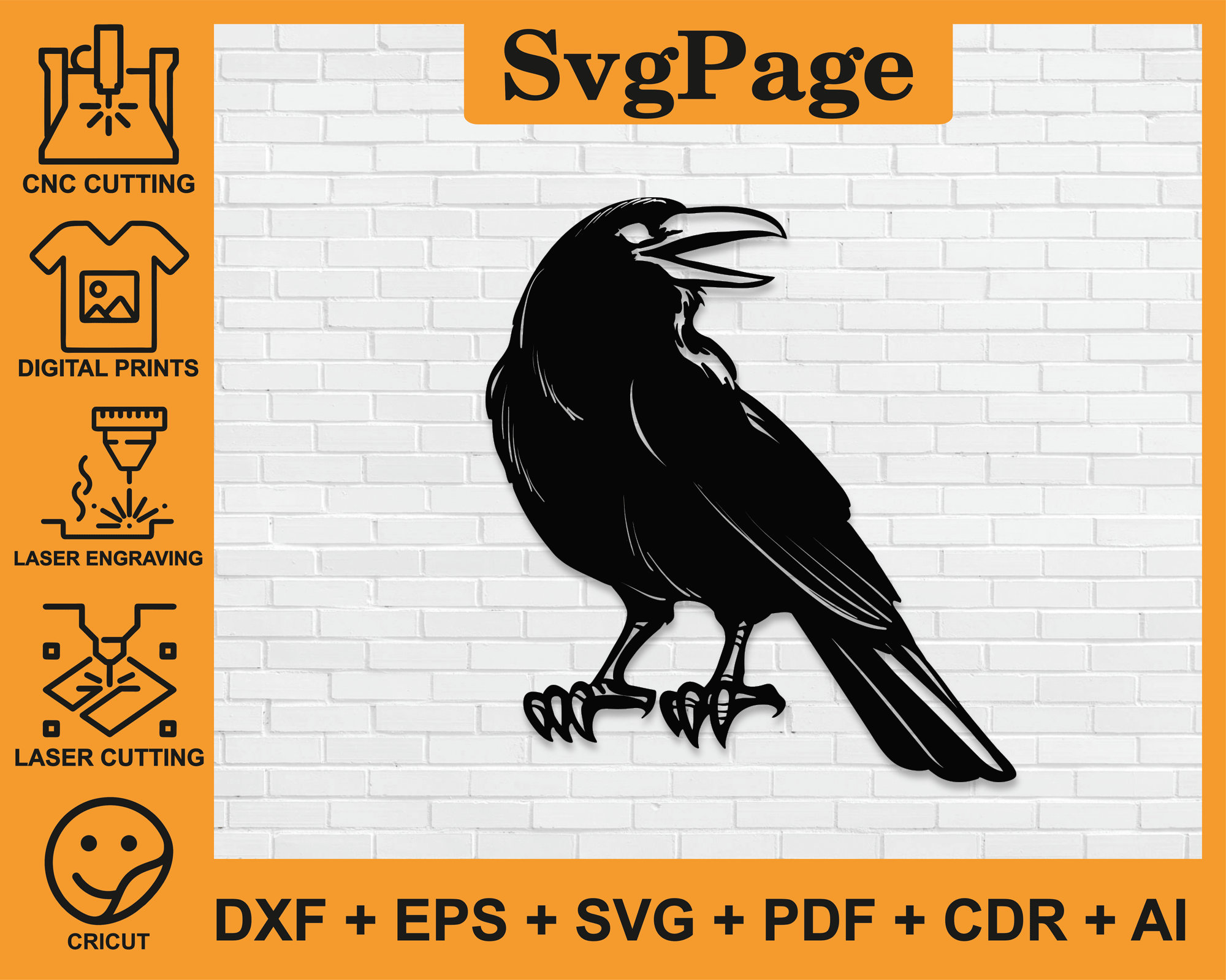 Crow Dxf Raven Bird Svg Pdf Laser Cut Png Files Wall Art Sticker ...