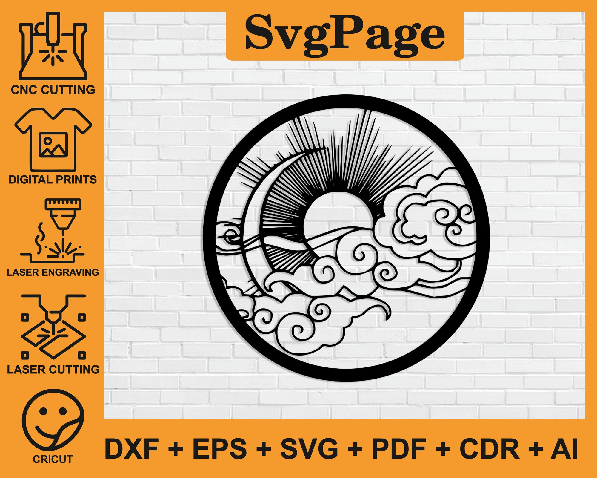 Sun Moon Laser Cut Svg Dxf Pdf Png Files Wall Art Sticker Glowforge ...