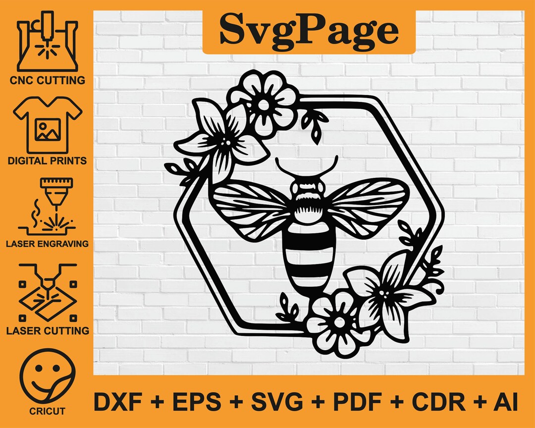 Bee Floral Honeycomb Laser Cut Svg Dxf Png Files Wall Art Sticker ...