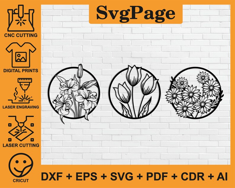 Flowers Dxf Floral Svg Laser Cut Files Wall Art Sticker Glowforge ...
