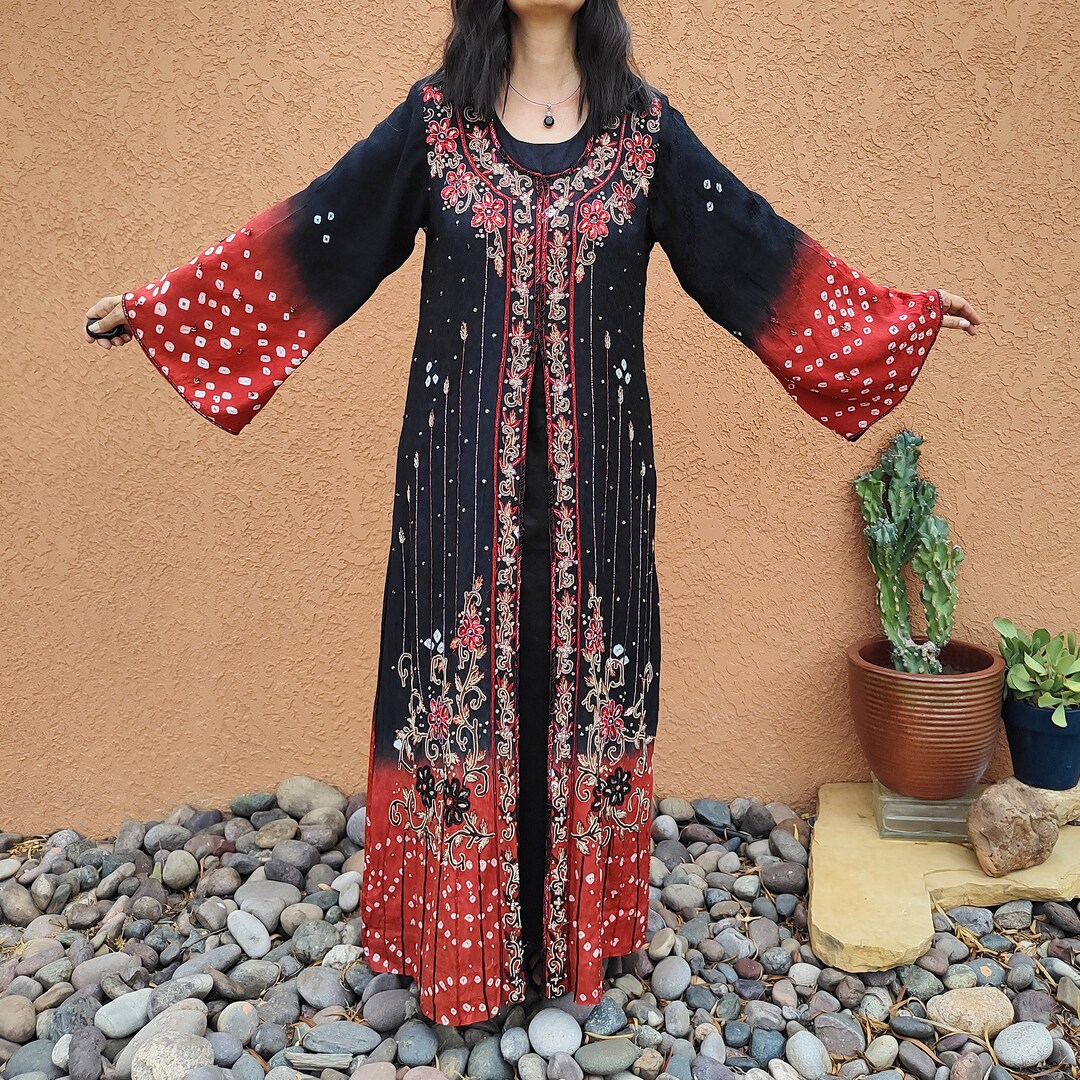Vintage Beaded Kaftan Dress: Goth Witch Vampire Shibori Black Red ...