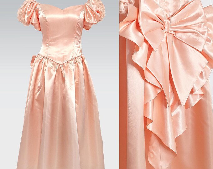 80s Peach Satin Prom Dress Vintage Puff Sleeve Sweetheart Neck High-low ...