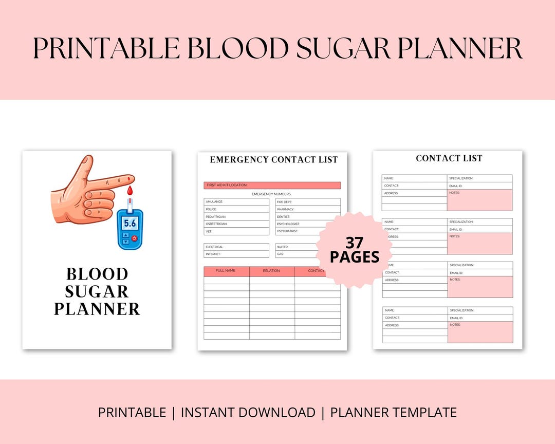 Printable Blood Sugar Planner, Blood Sugar Tracker, Diabetes Log ...