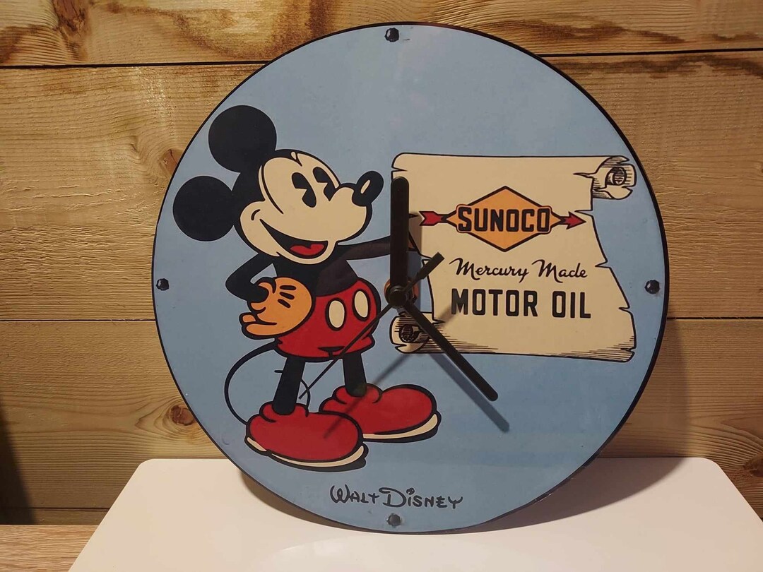MICKEY MOUSE CLOCK. Sunoco Motor Oil , 1930s Reproduction Metal Wall ...