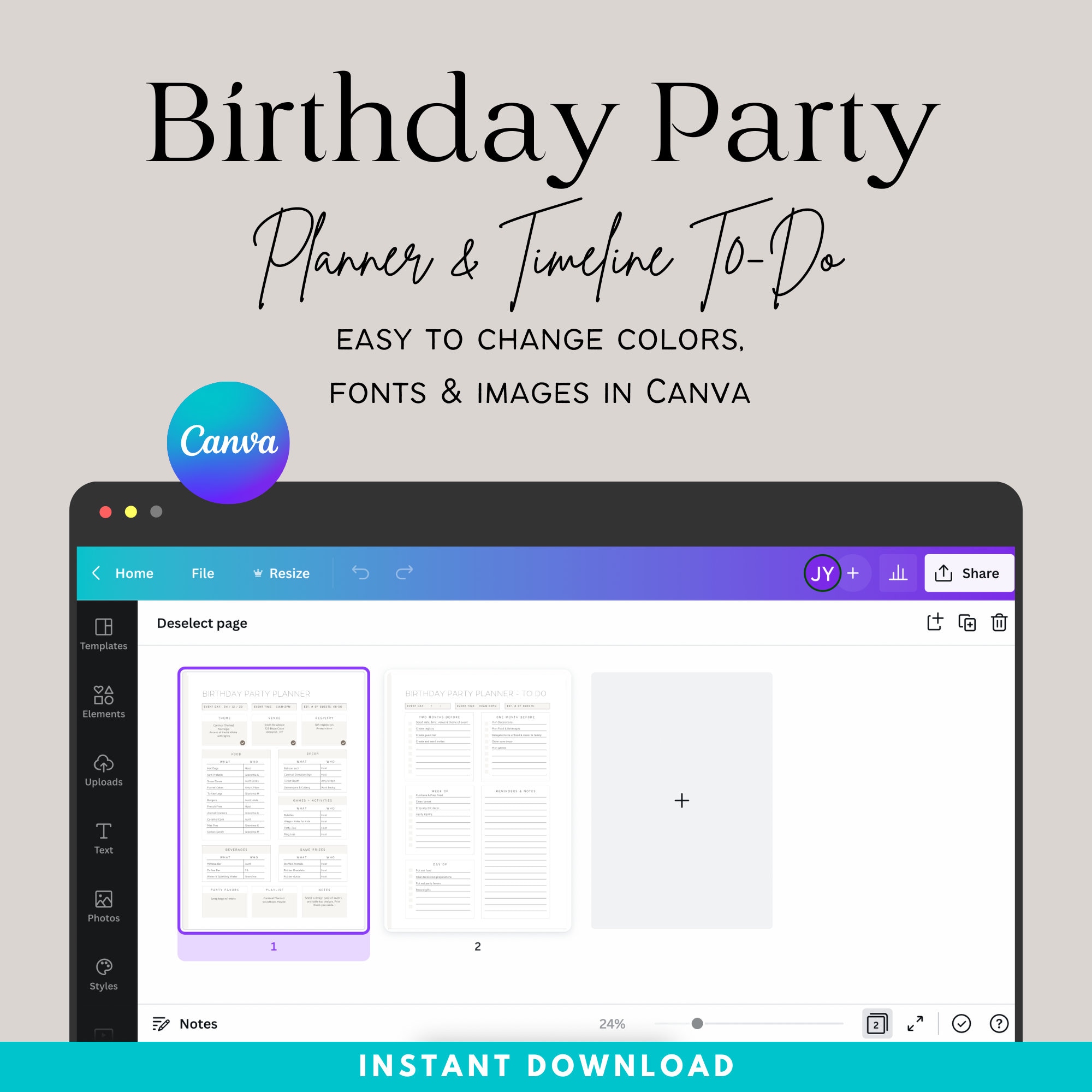 Birthday Party Planner & Timeline To-do | Editable Canva Template ...