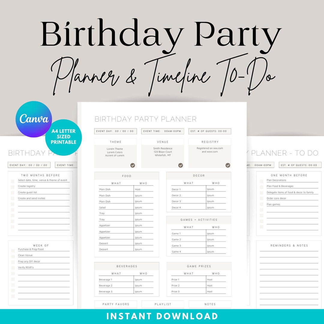 Birthday Party Planner & Timeline To-do | Editable Canva Template ...