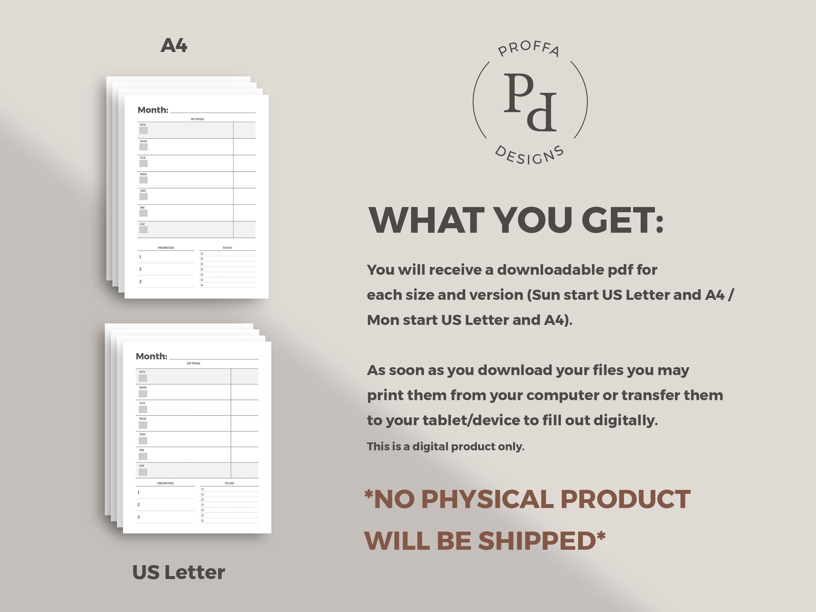 Undated Weekly Calendar / Printable Fillable Sunday and Monday Start ...