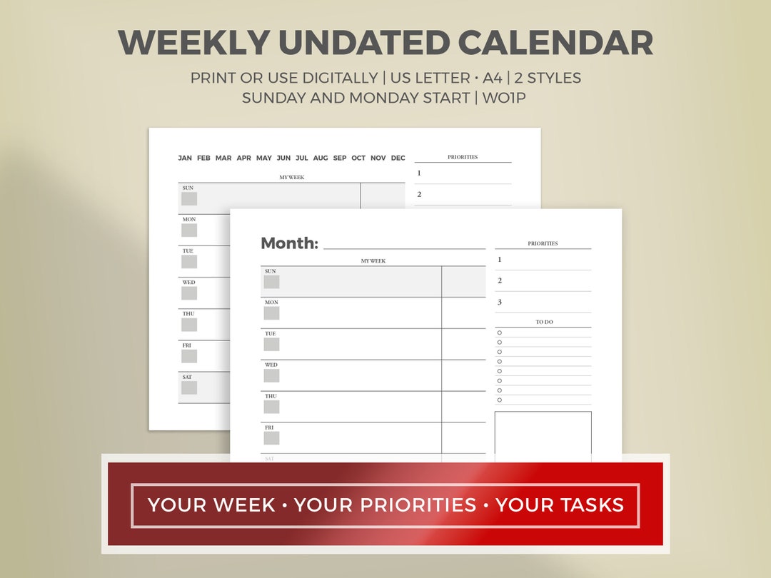 Minimalist Weekly Printable Planner Undated Sunday and Monday Start ...