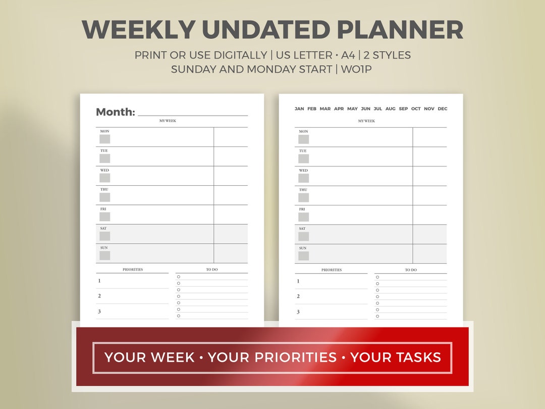 Undated Weekly Calendar / Printable Fillable Sunday and Monday Start ...