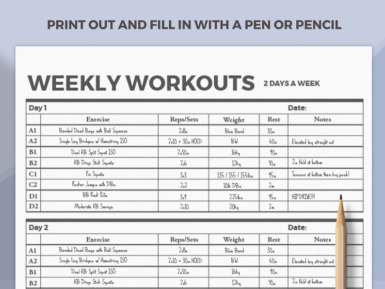 Printable Weekly Workout and Exercise Training Template / Lifting ...