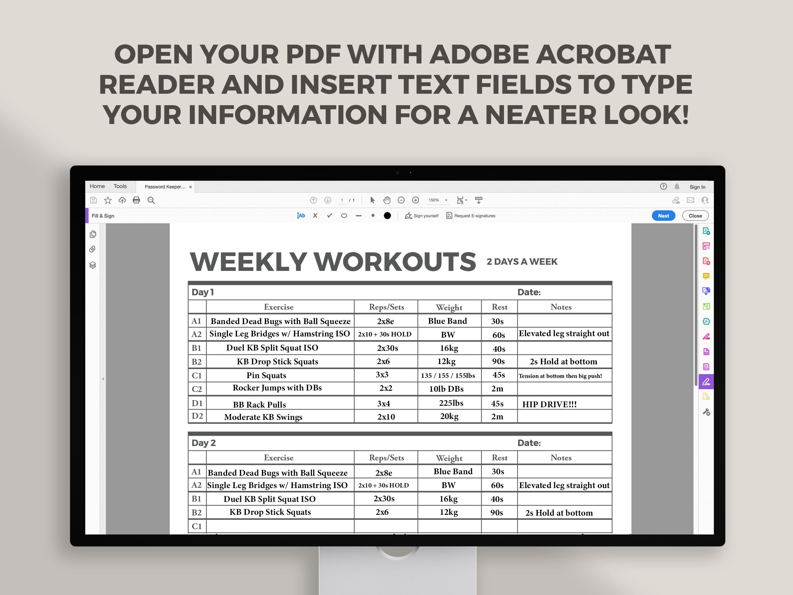 Printable Weekly Workout and Exercise Training Template / Lifting ...