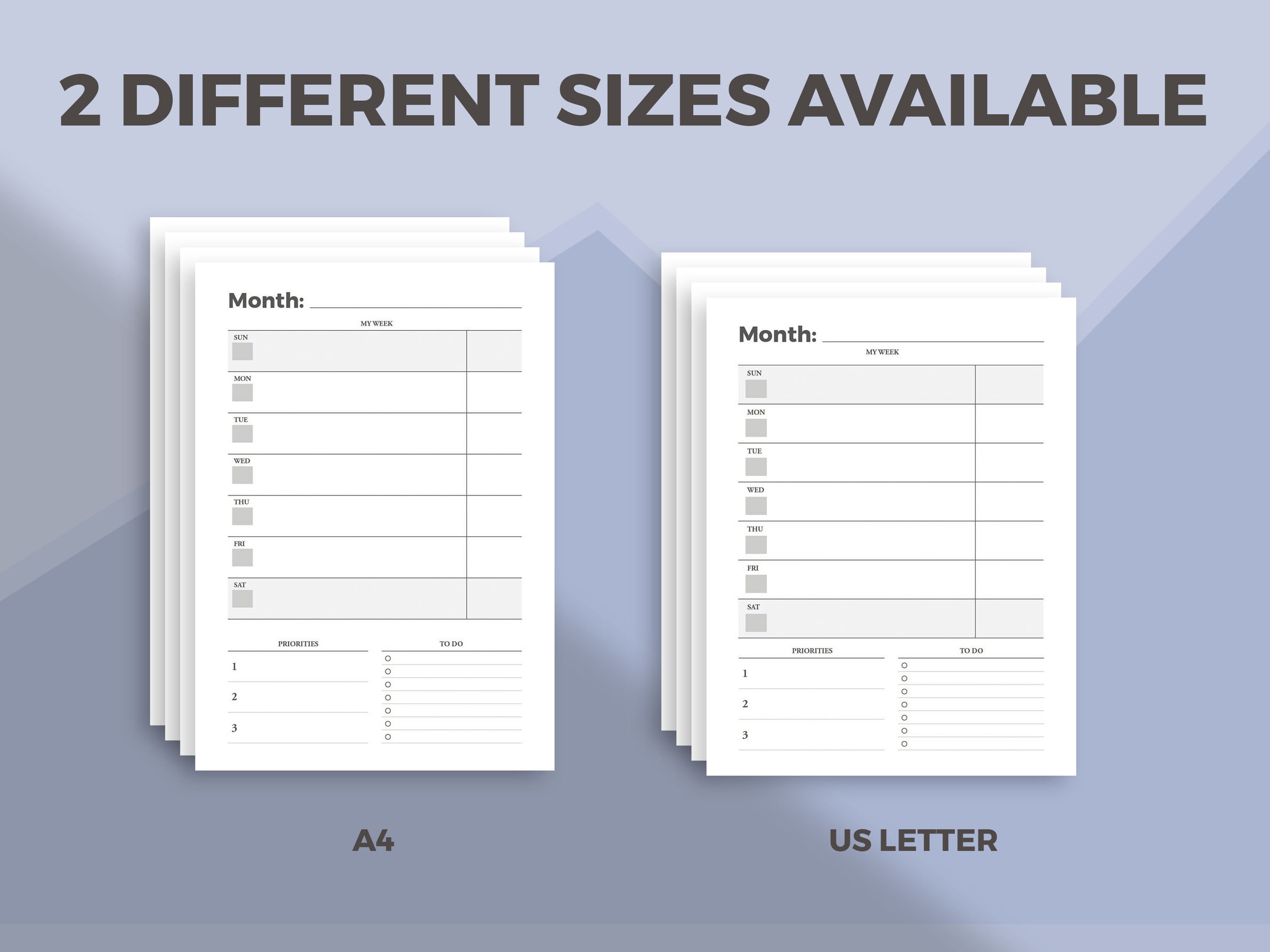 Undated Weekly Calendar / Printable Fillable Sunday and Monday Start ...