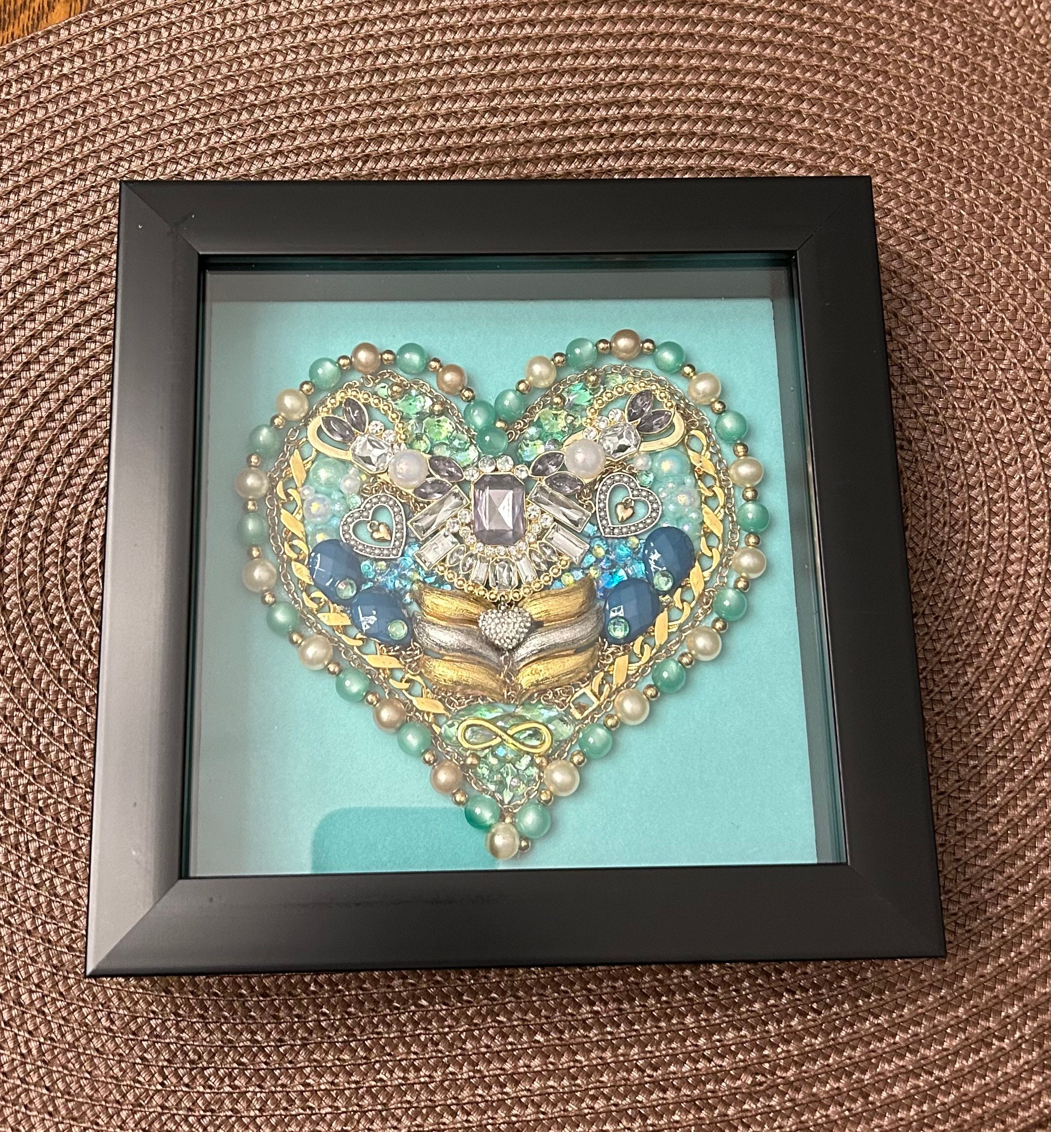 Turquoise and Pearl 6x6 Heart - Black Shadow Box Framed Recycled & New ...