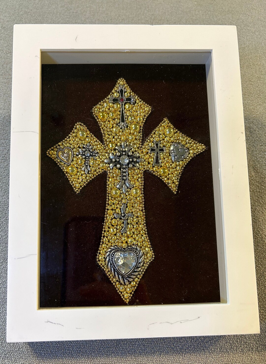 Pretty Gold Cross in White 5x7 Shadowbox Frame on Burgundy Background ...