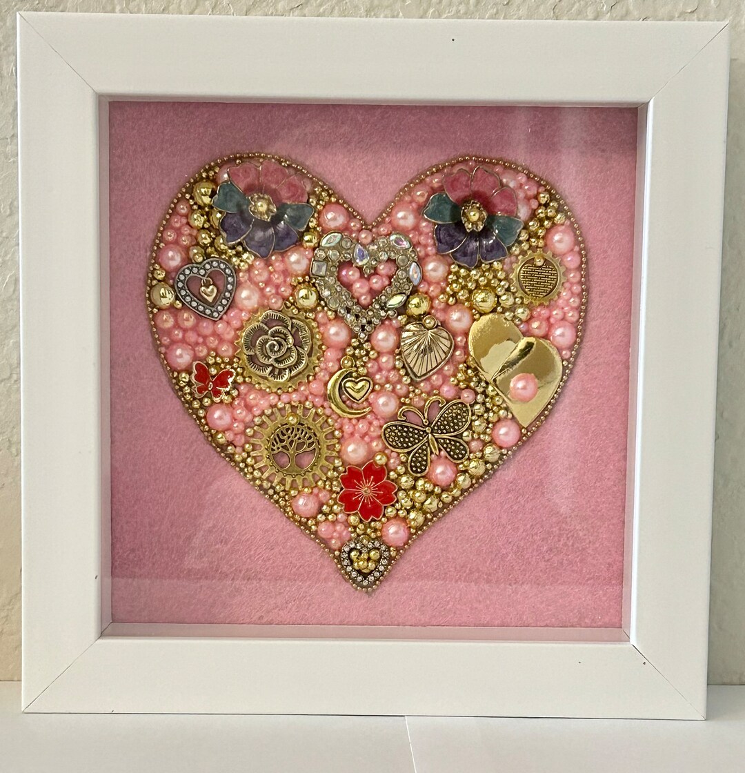 Pink and Gold 6x6 Heart Shadow Box Framed Recycled & New Jewelry With ...