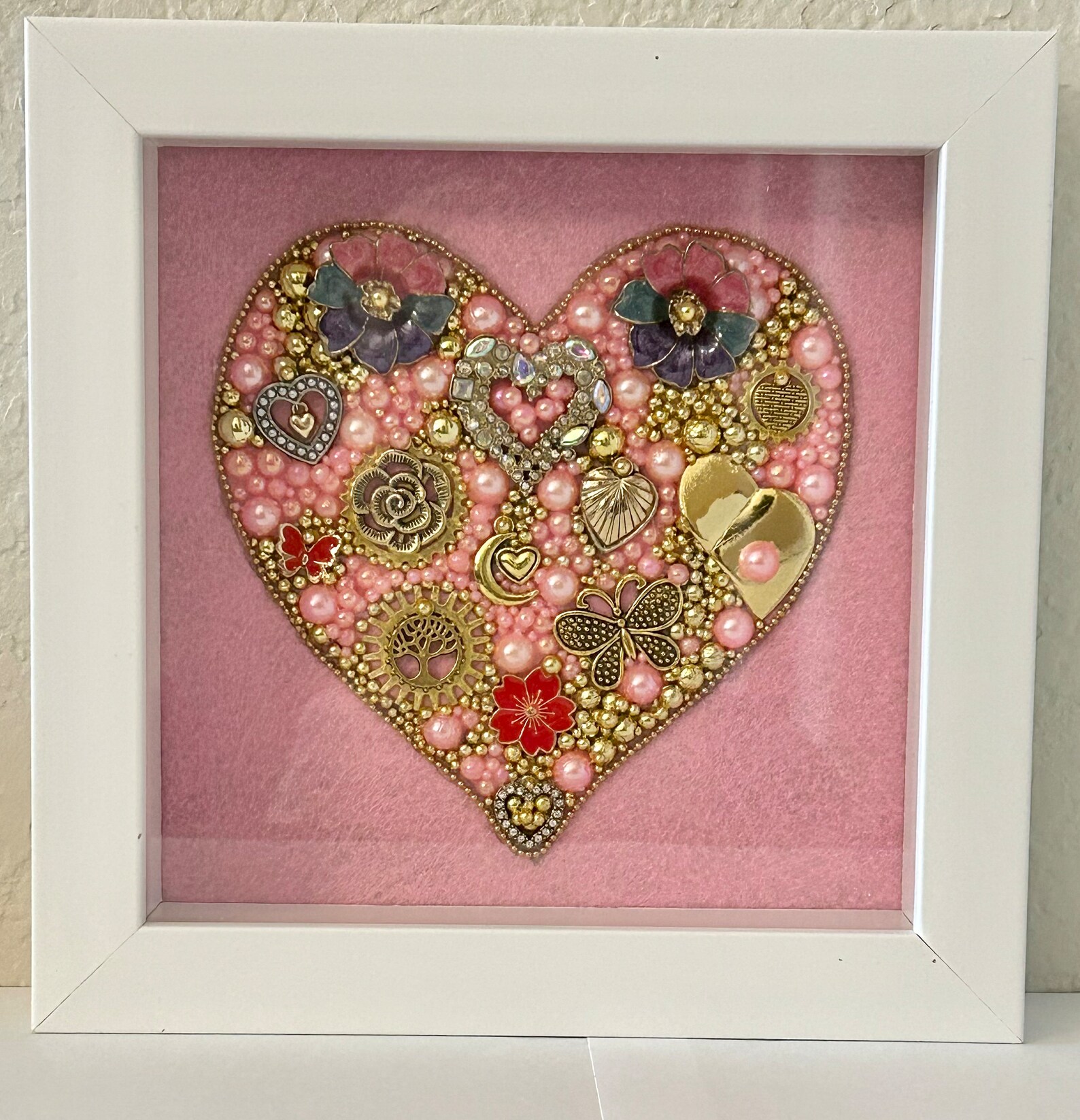 Pink and Gold 6x6 Heart Shadow Box Framed Recycled & New Jewelry With ...