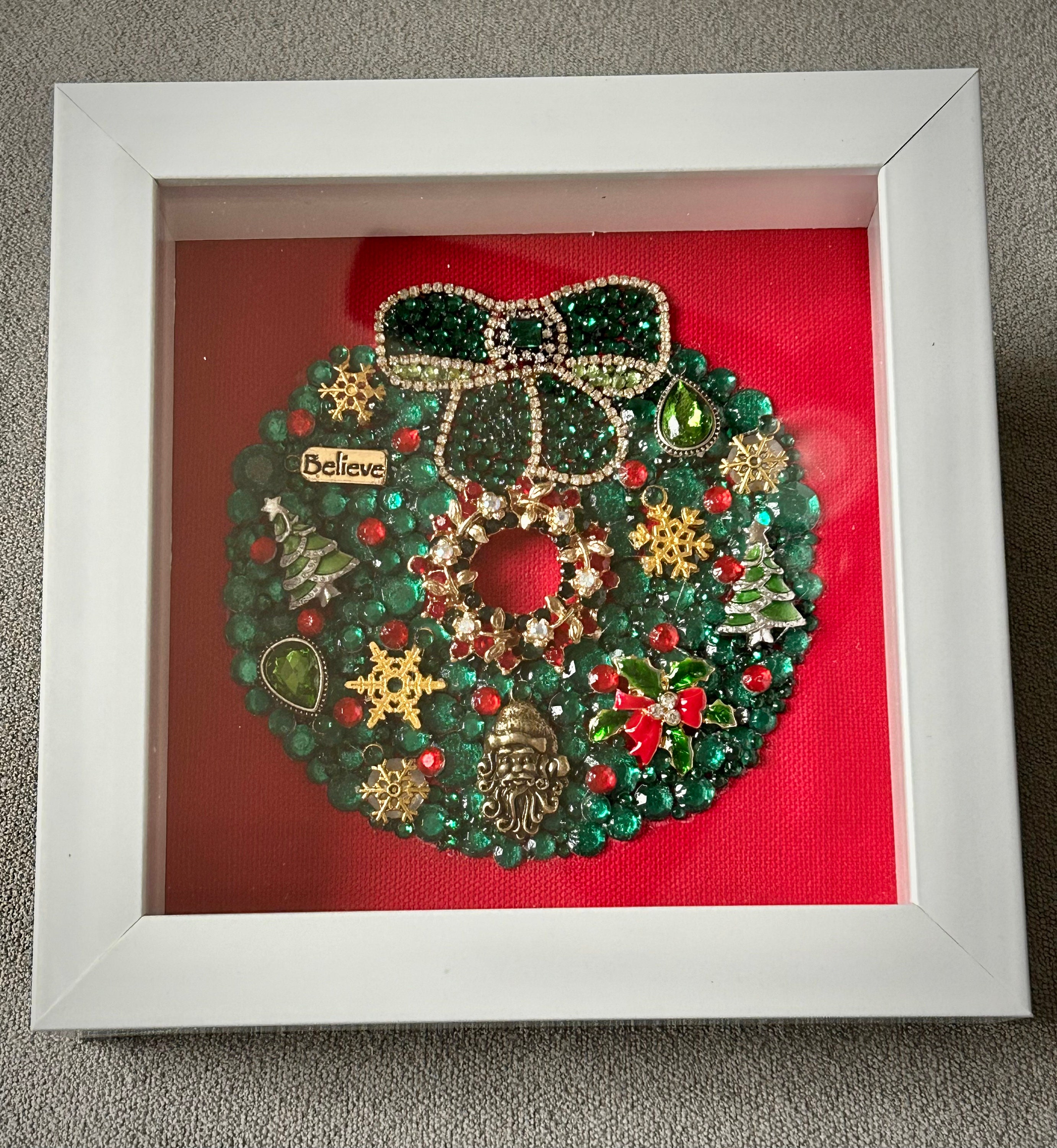Green Holiday Wreath on Red in 6x6 White Shadowbox Frame With Recycled ...