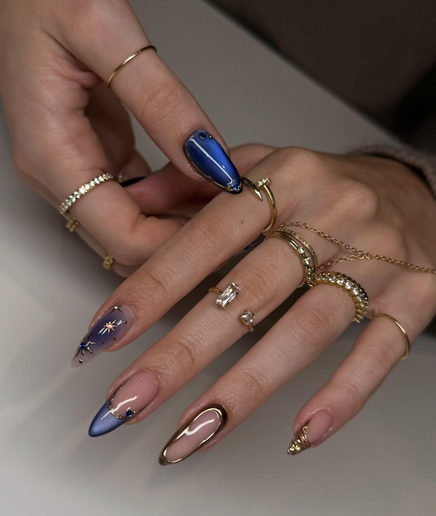 Starry Night Galaxy Press on Nails | Navy Blue Ombre & Gold Frame ...