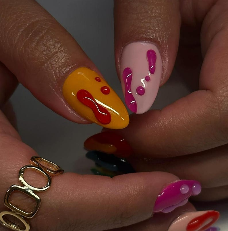 Colorful Drip Press on Nails | Multicolor 3D Slime Nails | Almond ...