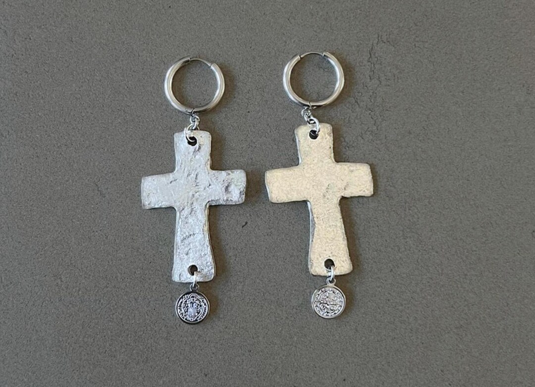 Silver Cross Earrings for Her Large Cross Hoops Earrings Religious ...