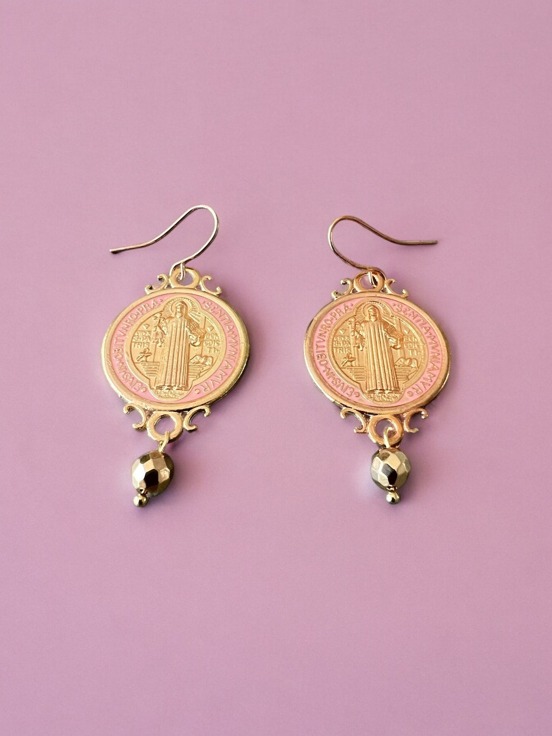 Saint Benedict Medal Ear Wire Earring St Benedict Earrings Pink ...