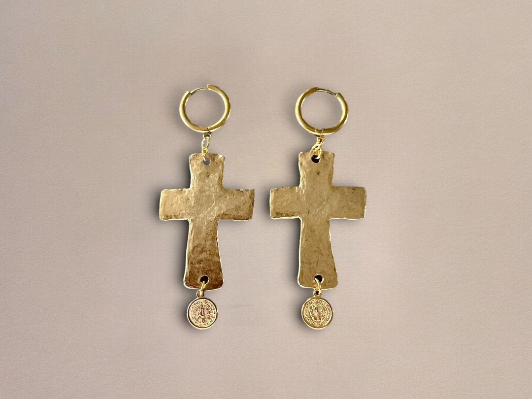 Gold Cross Earrings for Her Large Cross Hoops Earrings Religious Saint ...