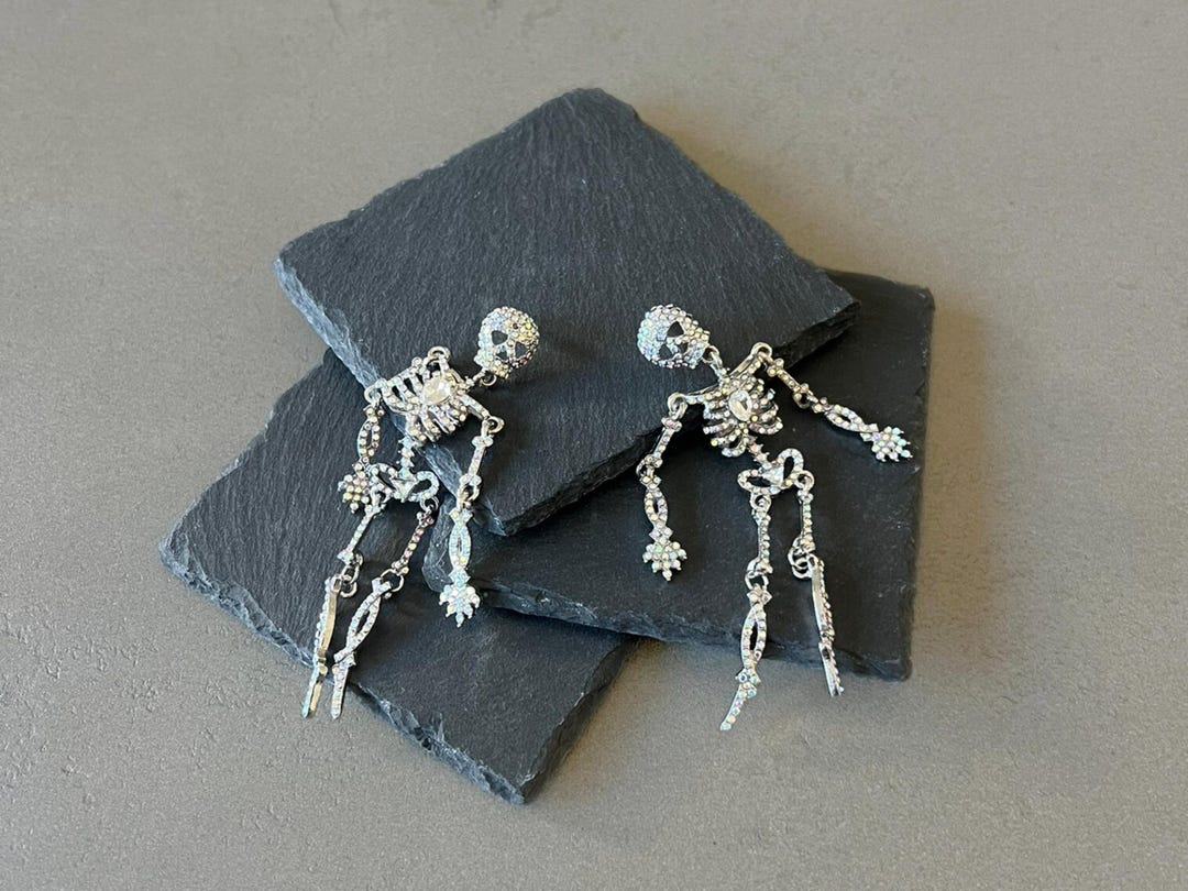 Large Silver Movable Skeleton Earrings, Gothic Halloween Dangle ...