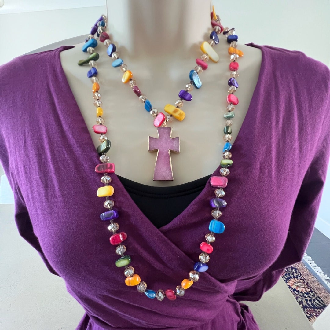 Colorful Necklace With Cross Pendant Long Knotted Necklace Crystal and ...