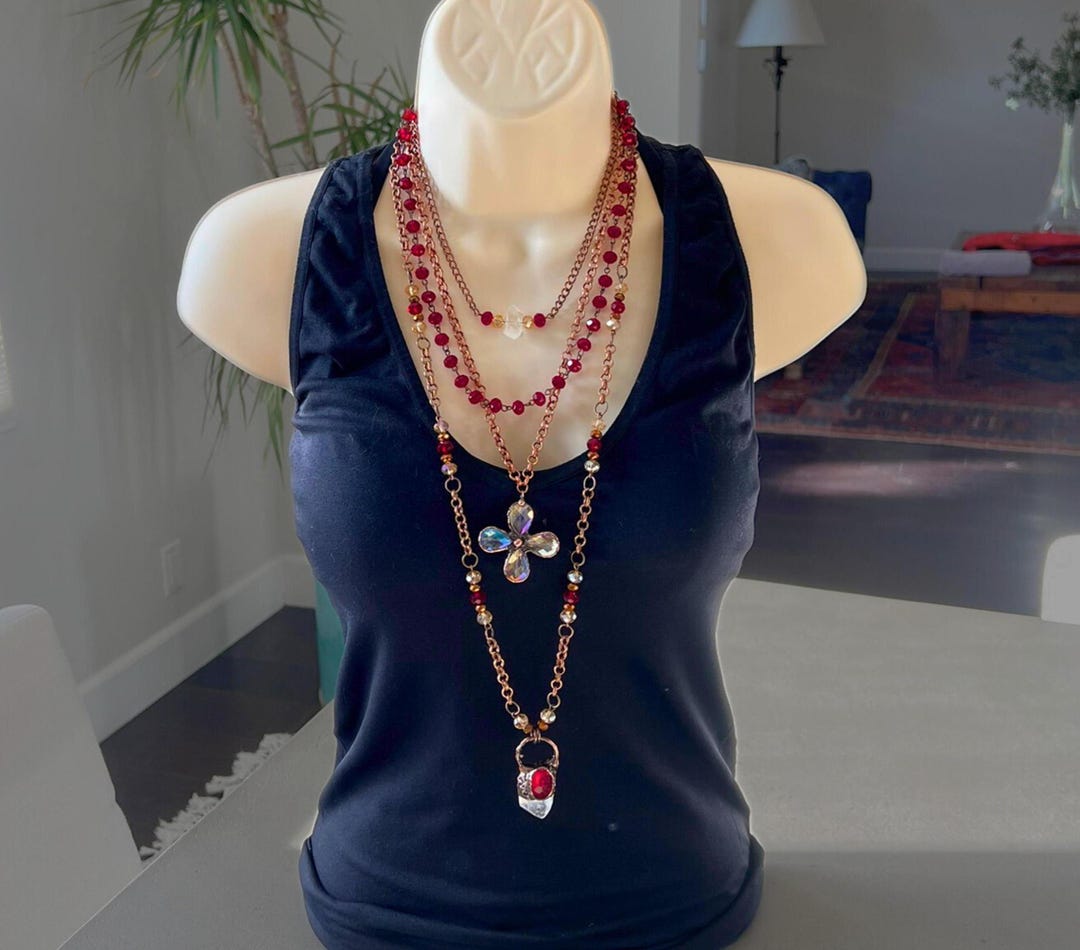 Bohemian Multilayered Necklace With Red Glass Beads & Clear Quartz ...