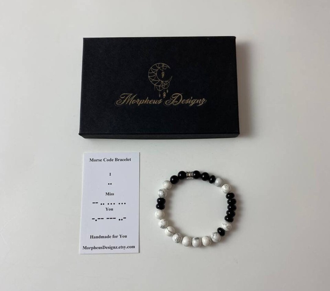 Morse Code "i MISS You" Bracelet - 8mm Howlite & Black Onyx Gemstone ...