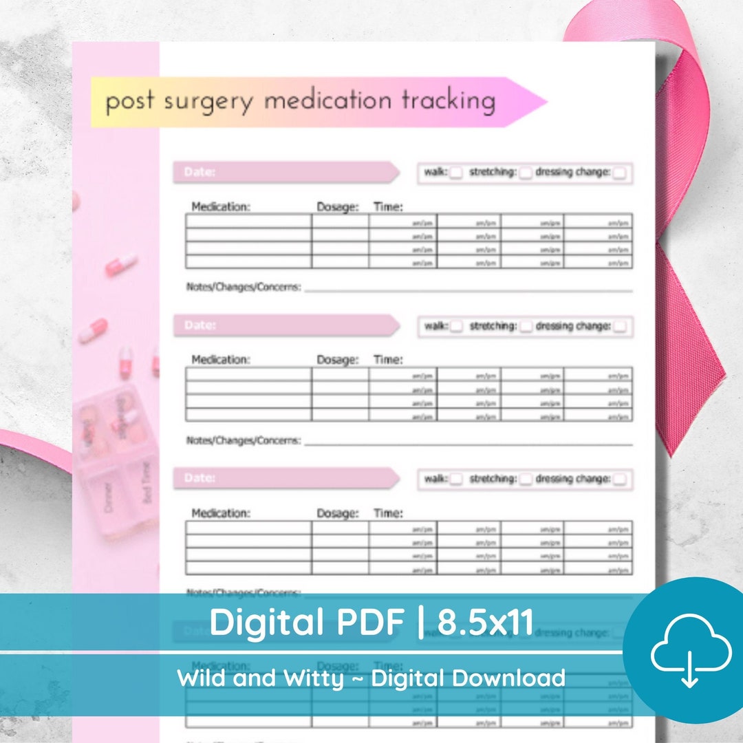 Post Surgical Medication Tracker PDF, Breast Cancer Post-surgery Printable Tracker PDF, Post ...