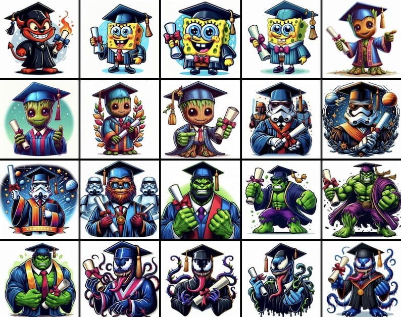 Graduation Cartoon Characters Clipart: Cap and Gown PNG (digital ...