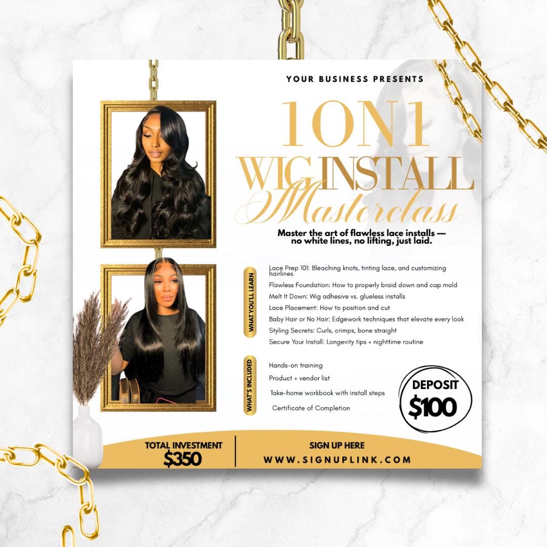 1on1 Wig Install Masterclass Flyer Template, Editable Hair Stylist Canva Flyer, Lace Wig Class ...