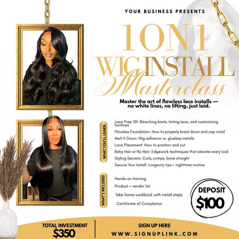 Wig Install Masterclass Flyer Template, Hair Stylist Canva Promo ...