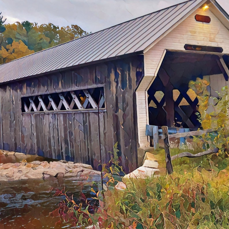 Vermont Covered Bridge Print, Fall in New England Painting, Historic ...