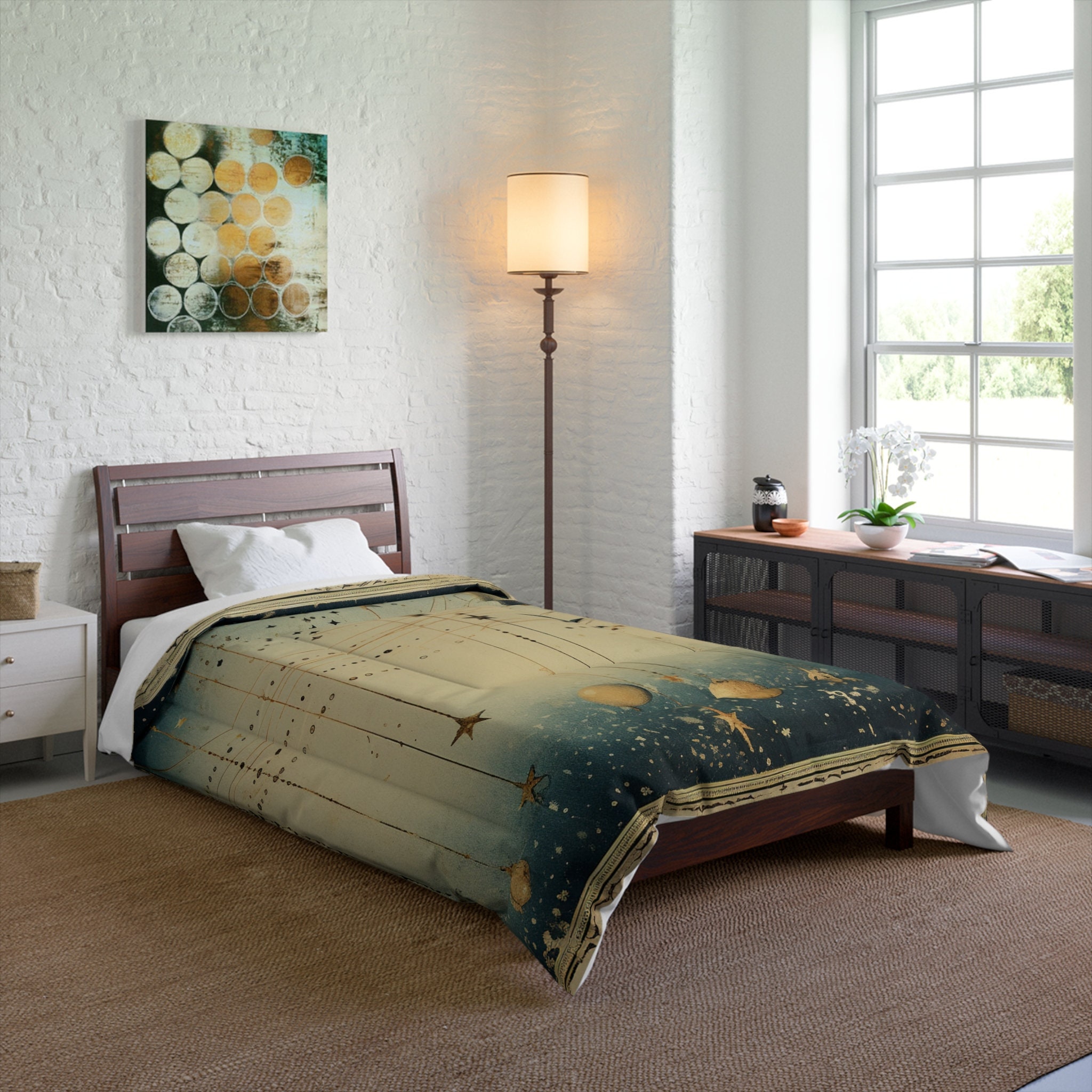 Celestial Navy Blue and Gold Comforter, Stars and Moon Bedding, Vintage ...