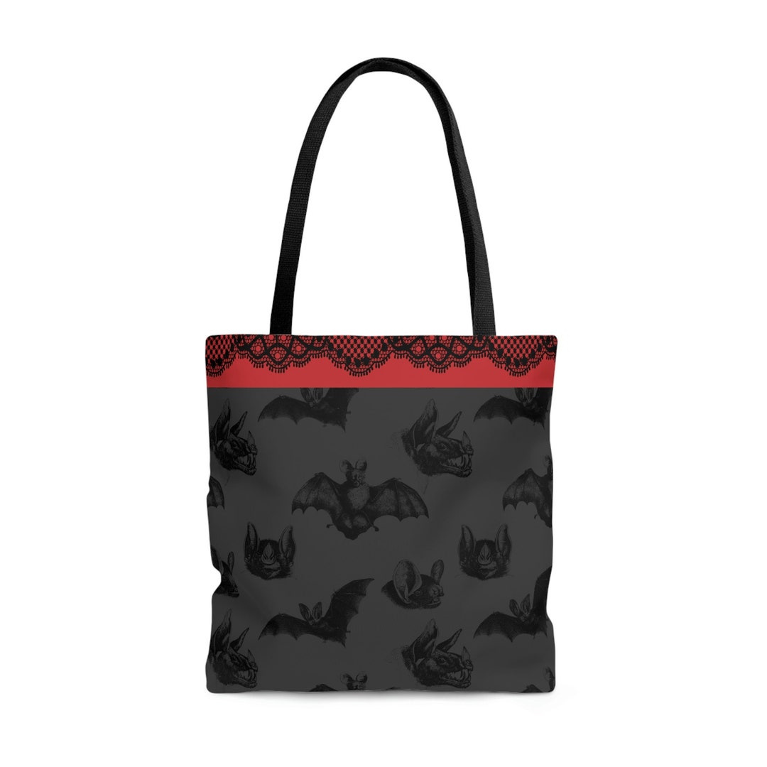 Goth Black Tote Bag, Black Bat Bag, Red and Black Tote, Gothic Black ...