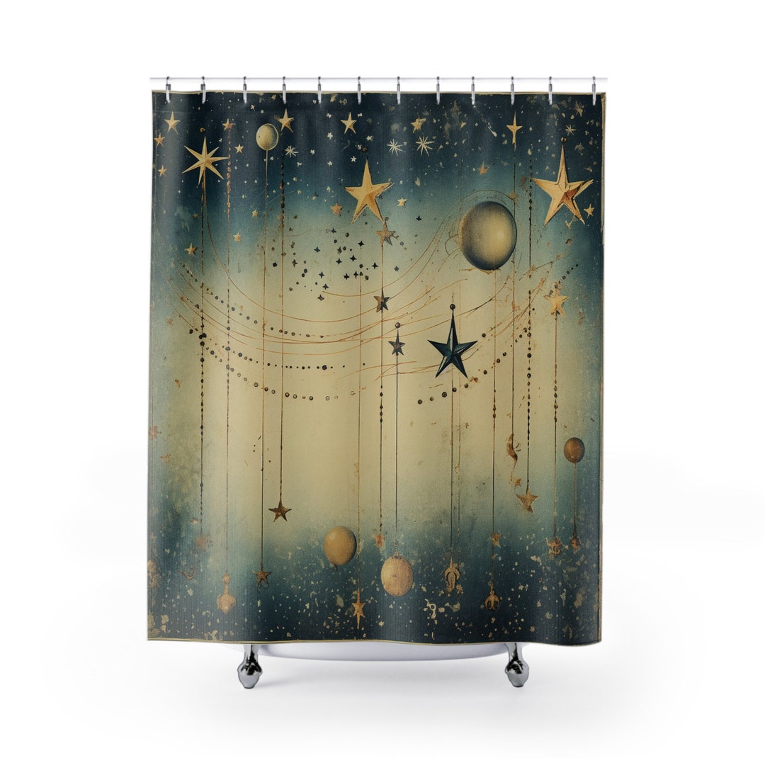 Celestial Navy Blue and Cream Shower Curtains, Stars and Moon Gypsy ...