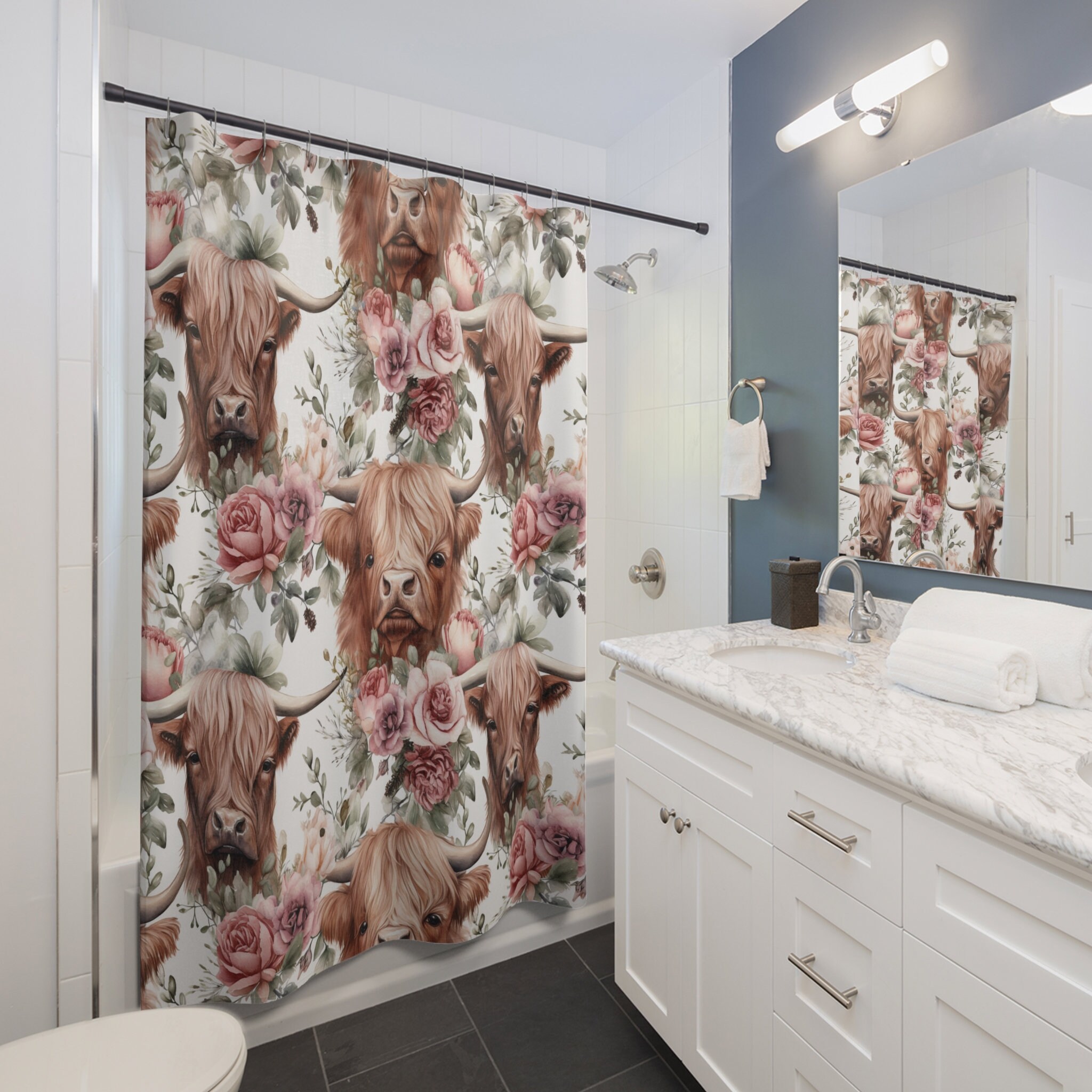 Floral Highland Cow Farmhouse Shower Curtain Bathroom Decor, Gift for ...