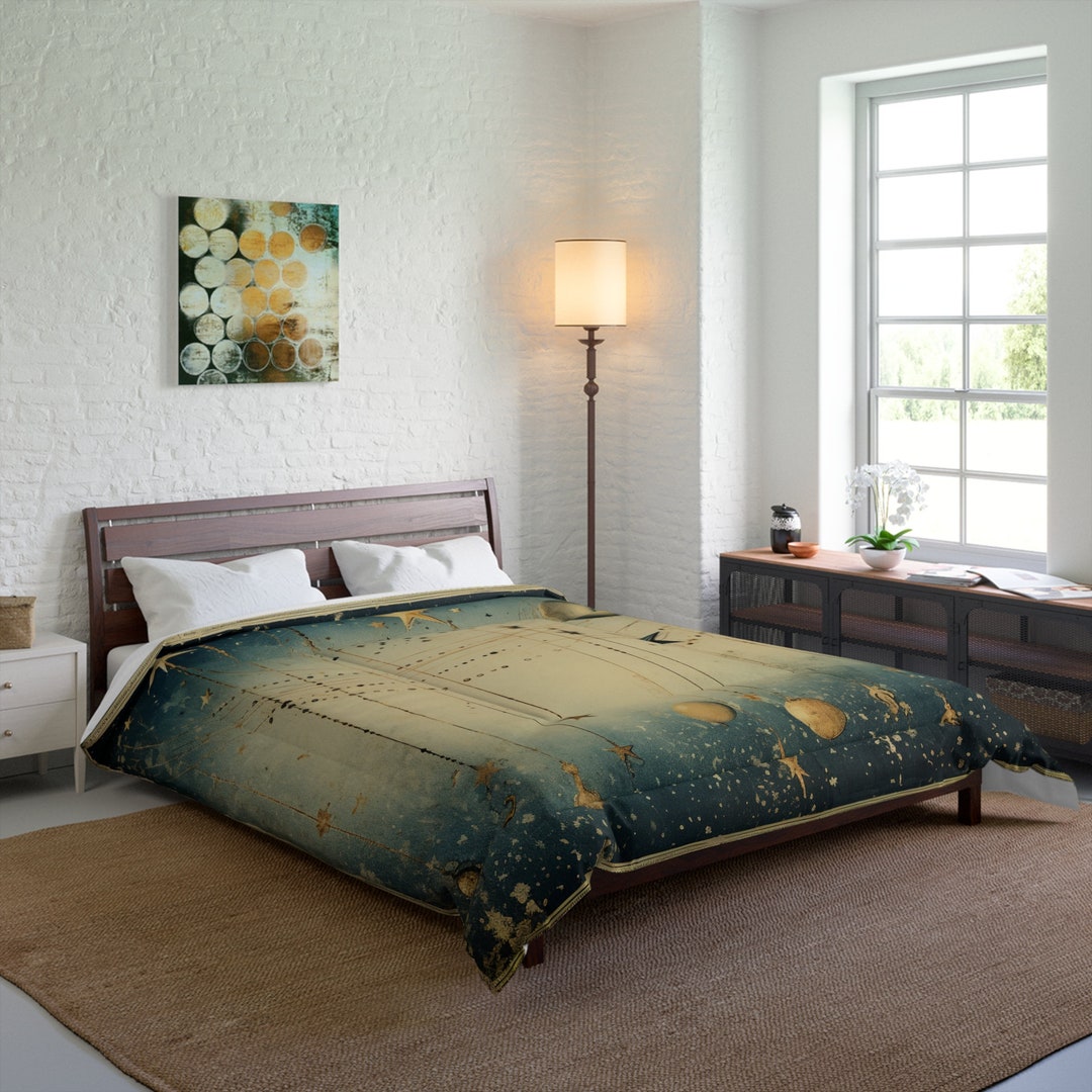 Celestial Navy Blue and Gold Comforter, Stars and Moon Bedding, Vintage ...