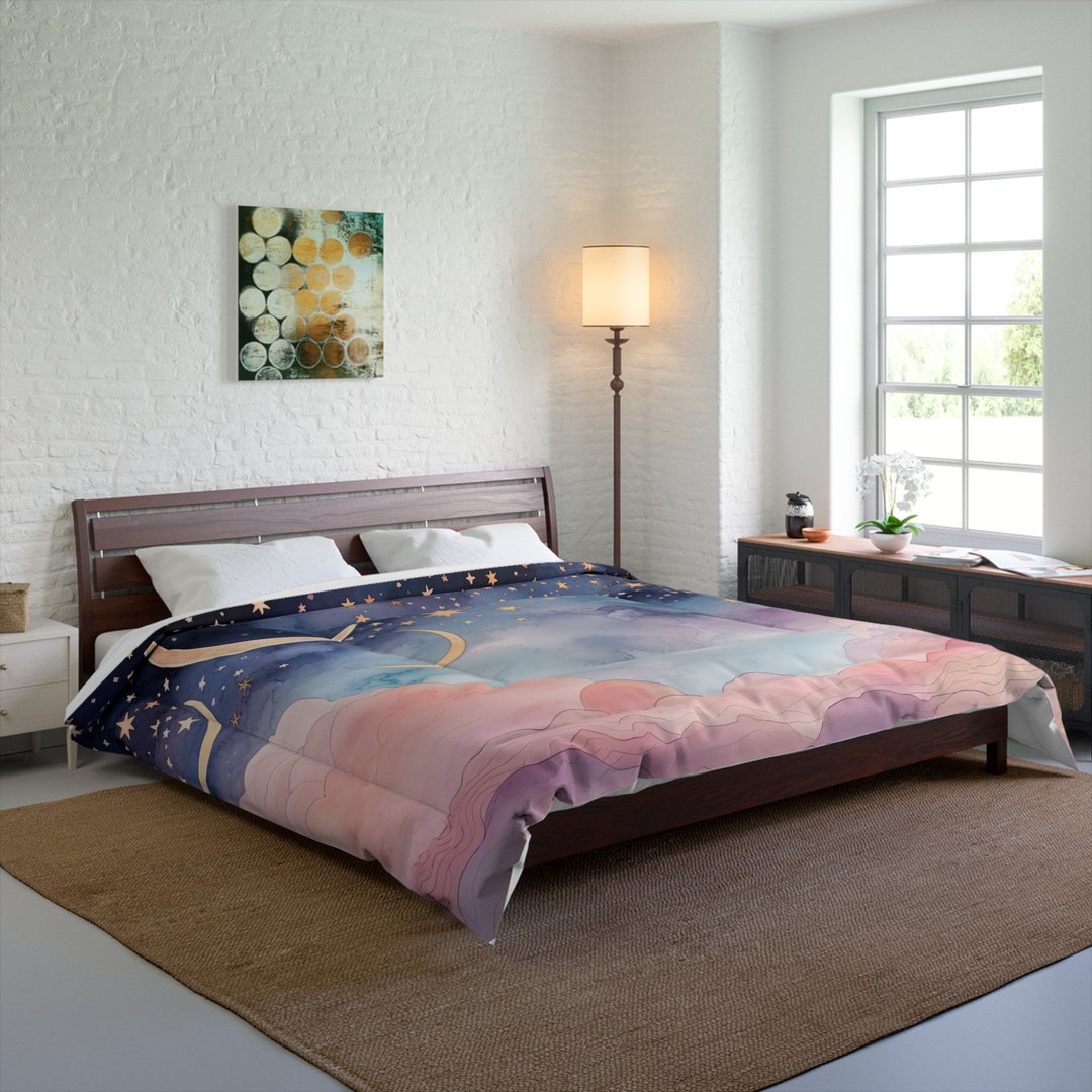 Pastel Moon and Stars Watercolor Comforter, Pink and Blue Girls Bedding ...