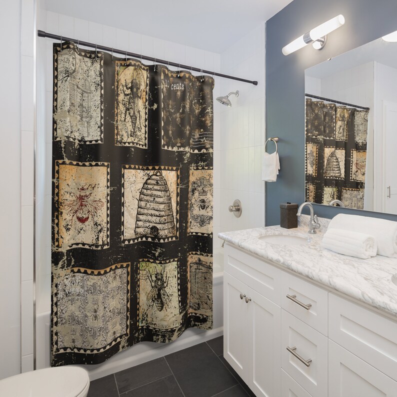 Vintage Honey Bee Farmhouse Shower Curtain, Black and Tan Bathroom ...