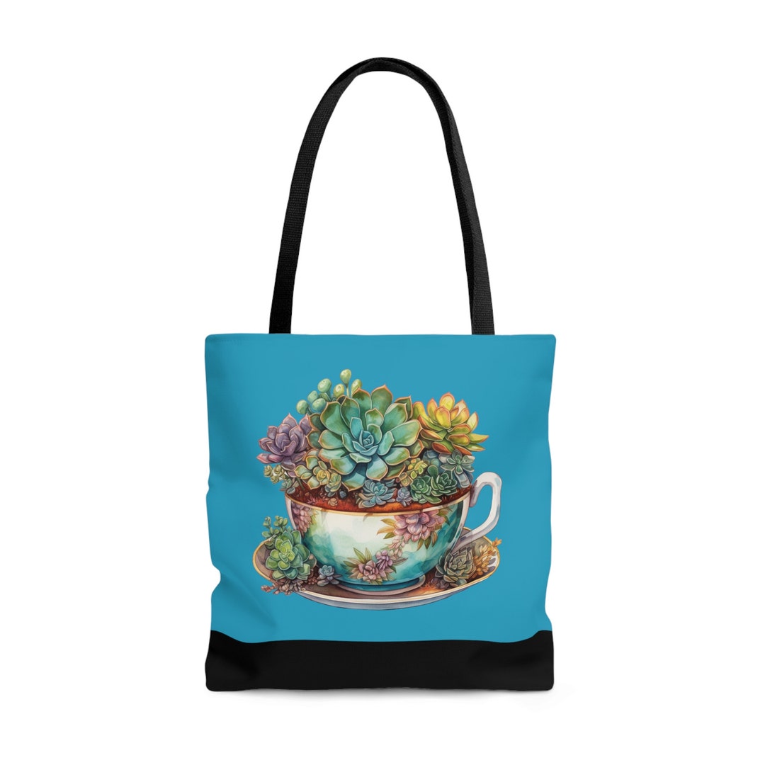 Turquoise Succulent Teacup Tote Bag, Cute Bible Carrier, Gift for Plant ...