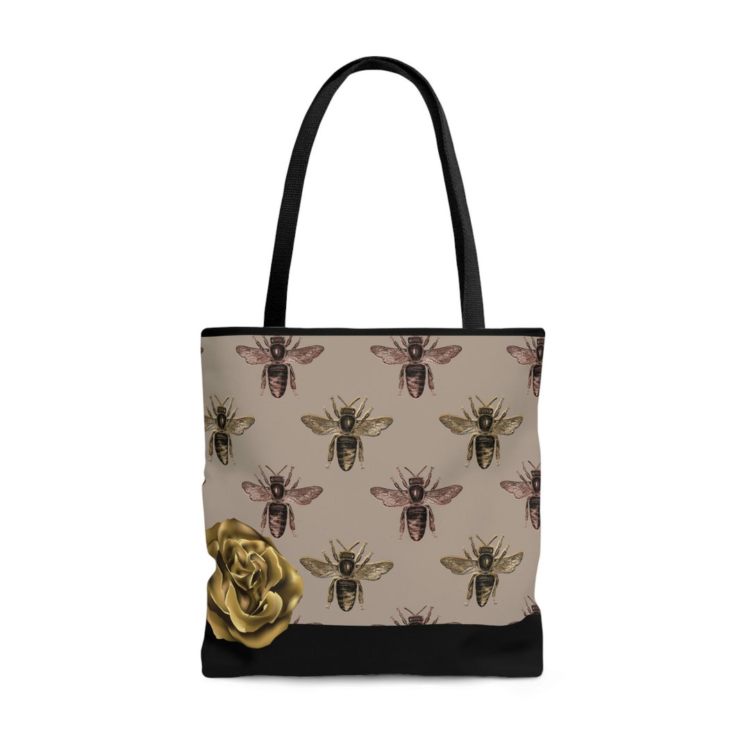 Vintage Honey Bee Tote Bag, Black and Gold Bag, Rose Bag, Bumble Bee ...
