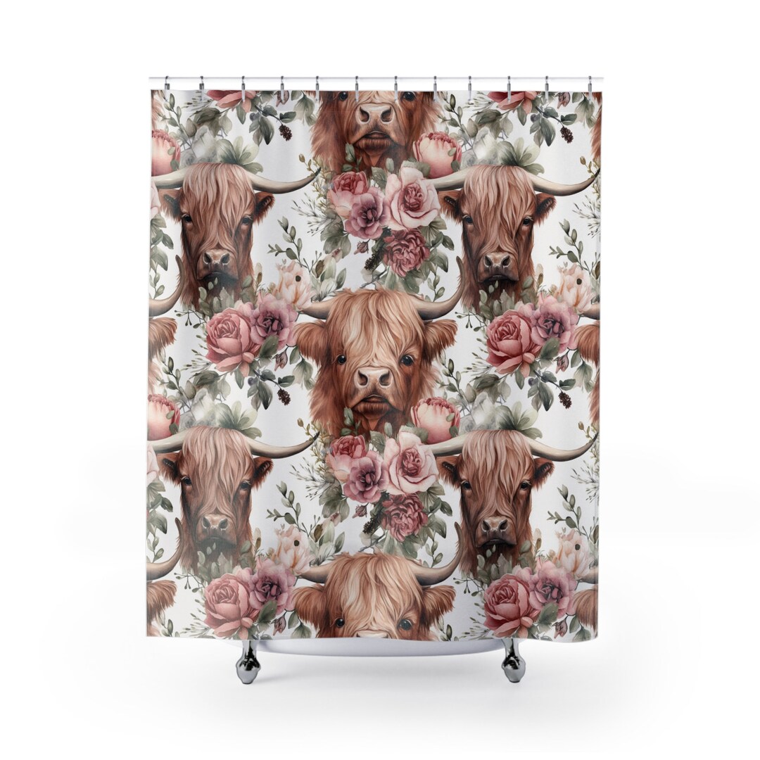 Floral Highland Cow Farmhouse Shower Curtain Bathroom Decor, Gift for ...