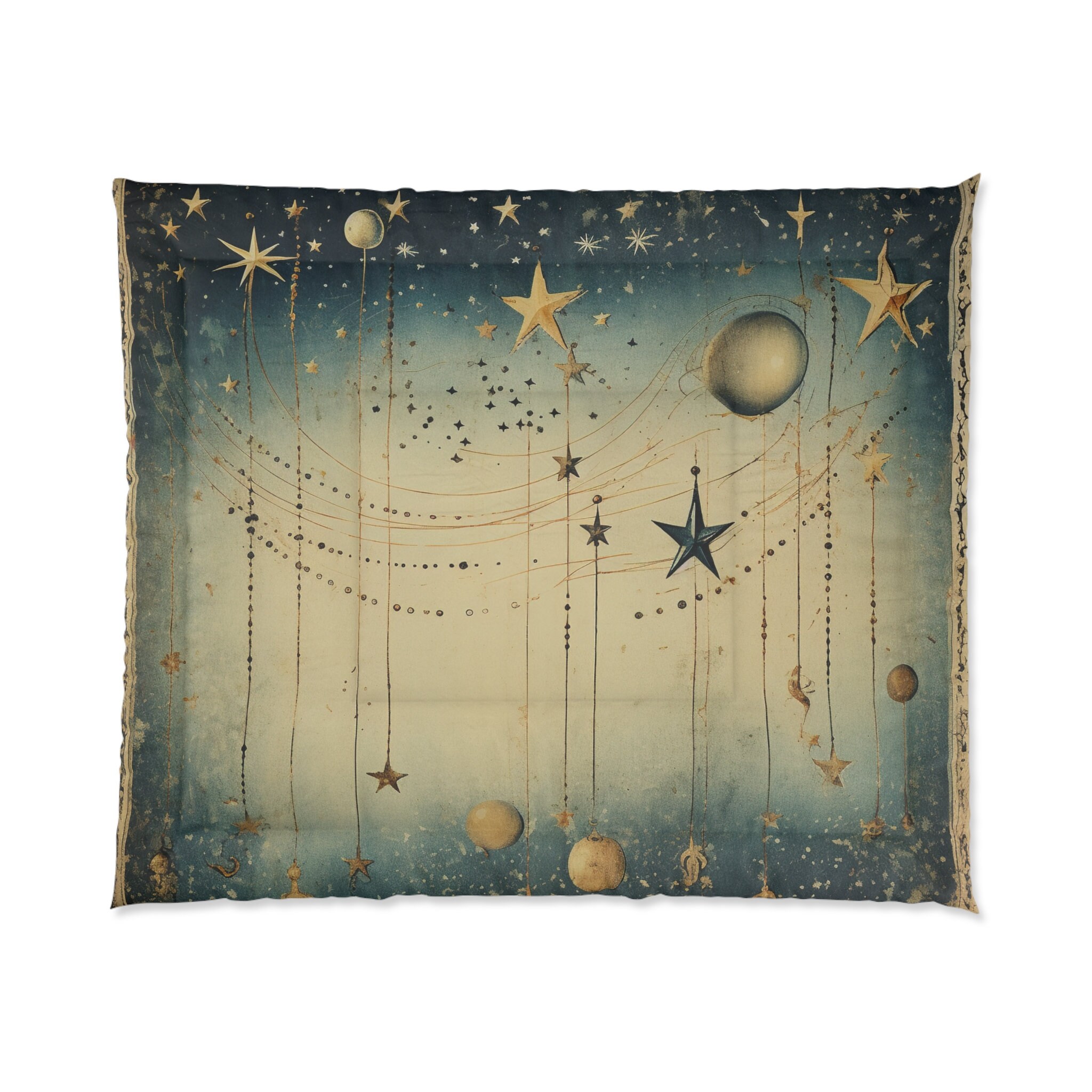 Celestial Navy Blue and Gold Comforter, Stars and Moon Bedding, Vintage ...