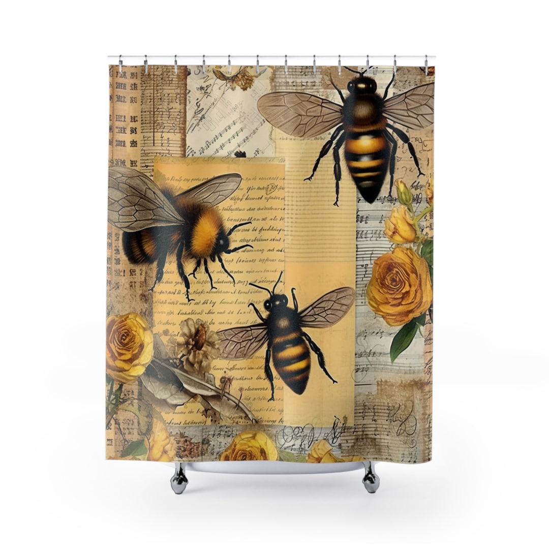 Vintage Honey Bee Shower Curtain, Bumble Bee Bathroom Decor, Yellow ...