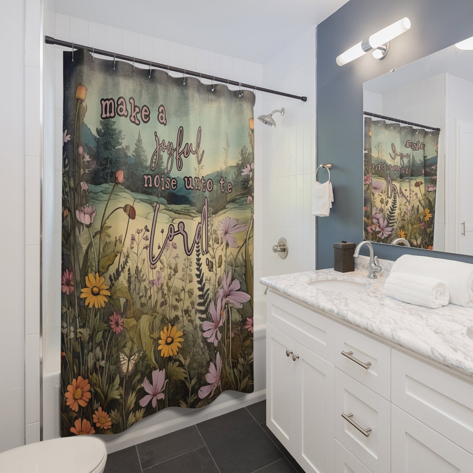 Vintage Wildflower Scripture Shower Curtain, Christian Bathroom Decor ...