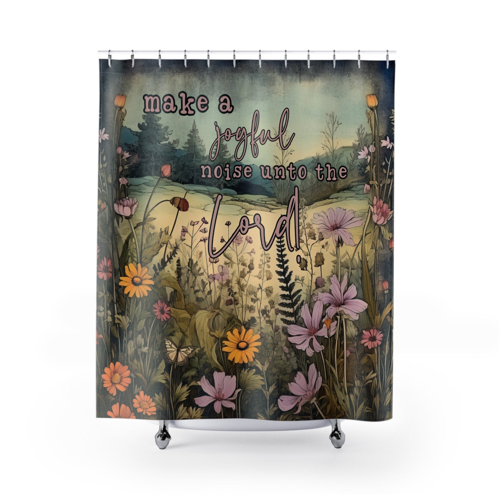 Vintage Wildflower Scripture Shower Curtain, Christian Bathroom Decor ...